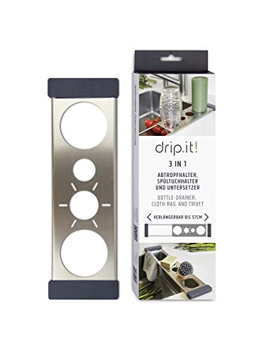 Sanni Shoo Drip.it | Multifunctional Space Saving Stainless Steel Kitchen Sink Caddy | Bottle Holder | Compatible with Sodastream Bottles for Aqua Fizz, Penguin and Other Bottles | Drainer & Organizer