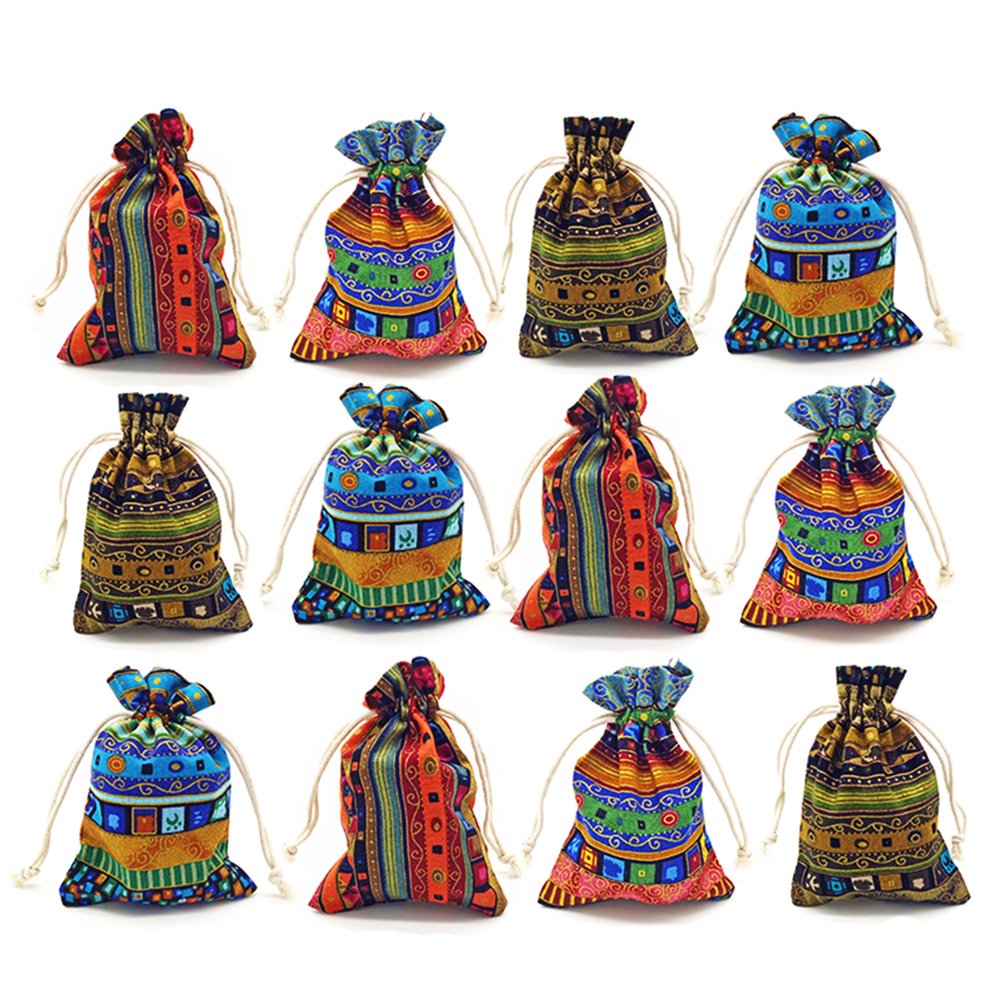 12pc Egyptian Style Jewelry Coin Pouches Aztec Print Drawstring Gift Bag Party Accessories Brocade Cotton Sachet Candy Present Pouch Travel Purse Ethnic (12)
