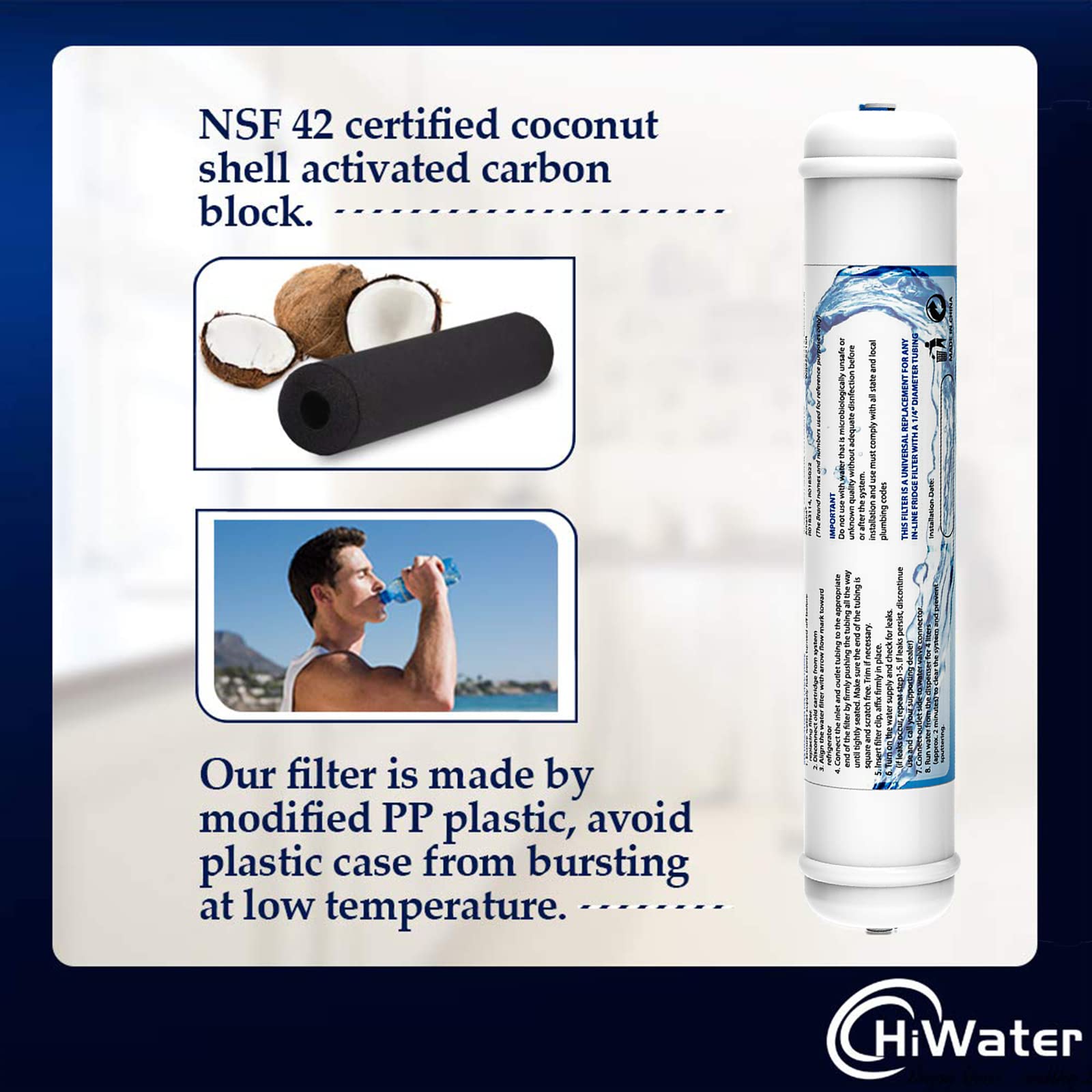 2 Pack Inline Water Filter 1/4" Quick-Connect Replacement Cartridge Inline Activated Carbon Block Filter for Refrigerator, Ice Maker, Under Sink System, Reduces Chlorine, Fluoride, Limescale and More