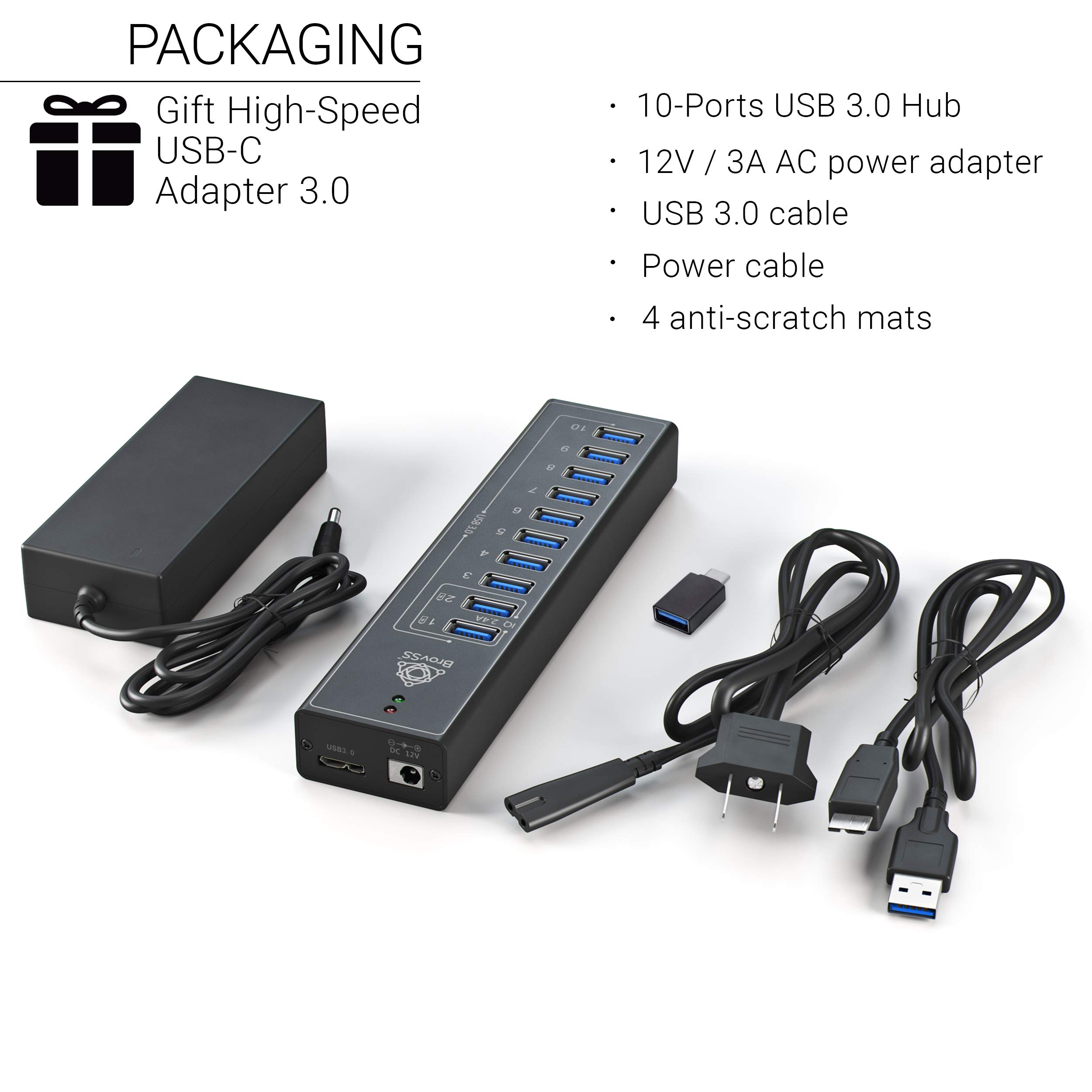 BrovSS: 10 Port Powered USB 3.0 Hub Aluminum with 4 IQ Ports - USB 3 Splitter with 12V 3A 36W Power Adapter. Connect up to 10 Electronics and USB peripherals (Black)