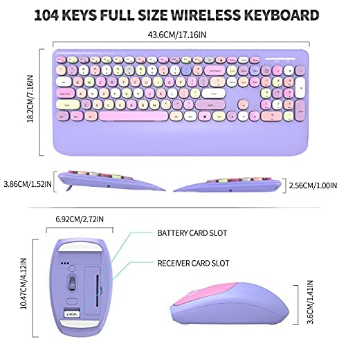 FOPETT Wireless Keyboard and Mouse Combo - 2.4GHz Full-Sized - Computer Keyboard with Phone Holder - Keyboard and Mouse Set for Windows/Laptop/PC/Notebook - Purple Colorful