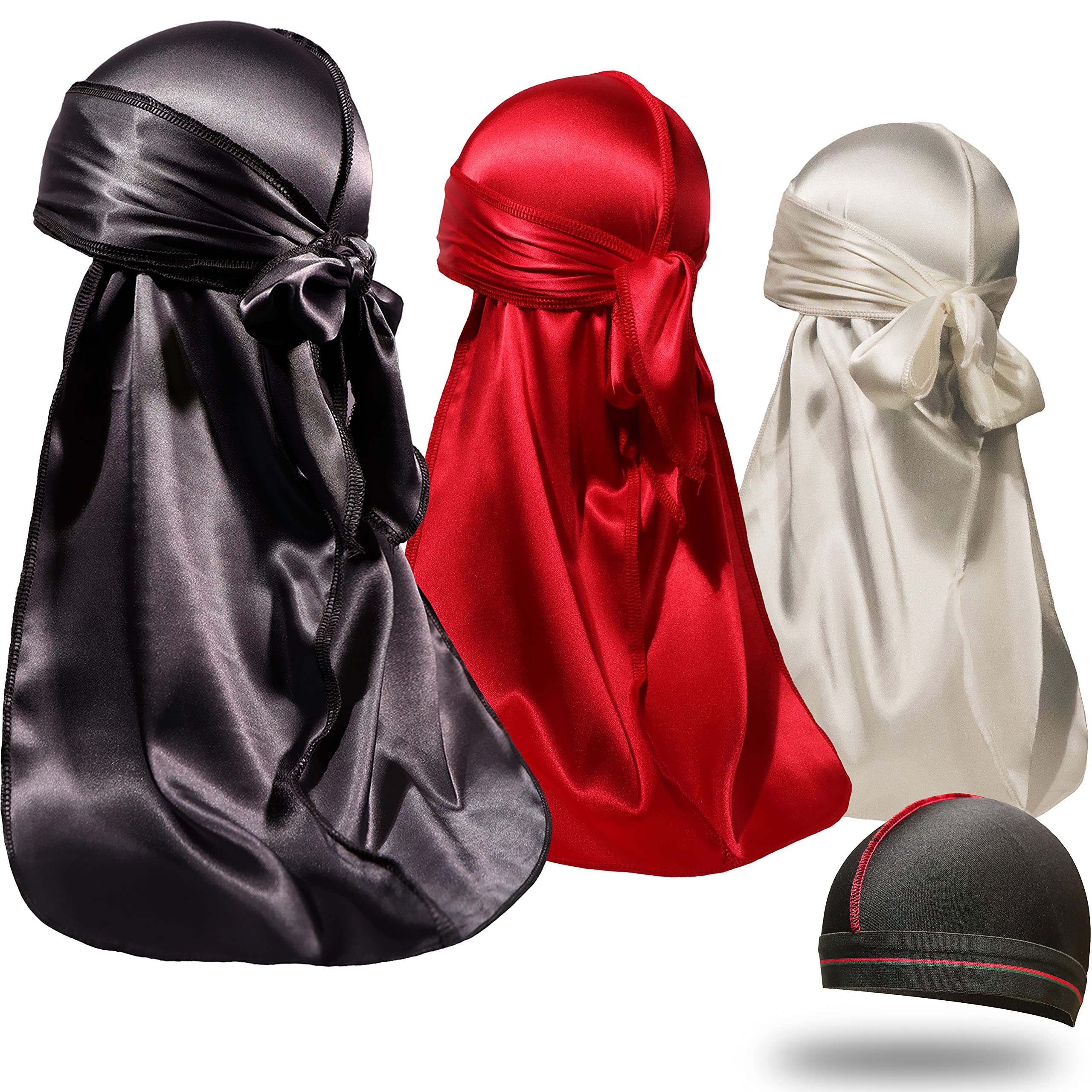 ForceWave 3 Pieces Silky Durags and 1 Wave Cap Pack for Men Waves, Moisture-Tech Fabric Satin Du-Rag