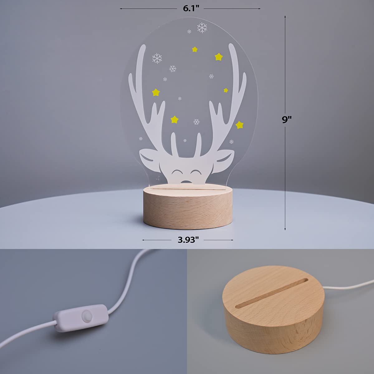 MYTH REALM Elk Rechargeable 3D Illusion Night Light with Beech Stand, LED Decoration Lamp, 4 Options Gifts for Kids Friends Family(Elk)