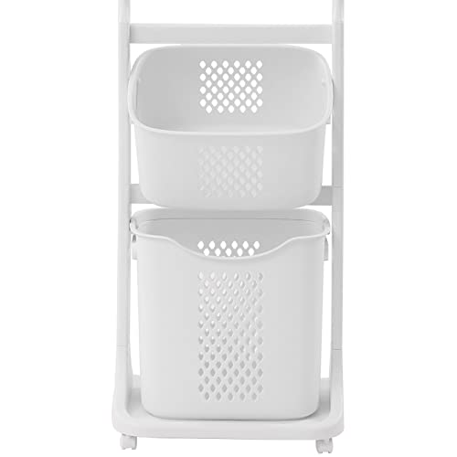 2-Tier Plastic Laundry Basket Laundry Hamper, Clothes Hamper with a thickened handle Shelf + Wheels Clothes Hamper Stands Up Well,Scope Of Application Bedroom/Balcony/Laundry Table(Off-White