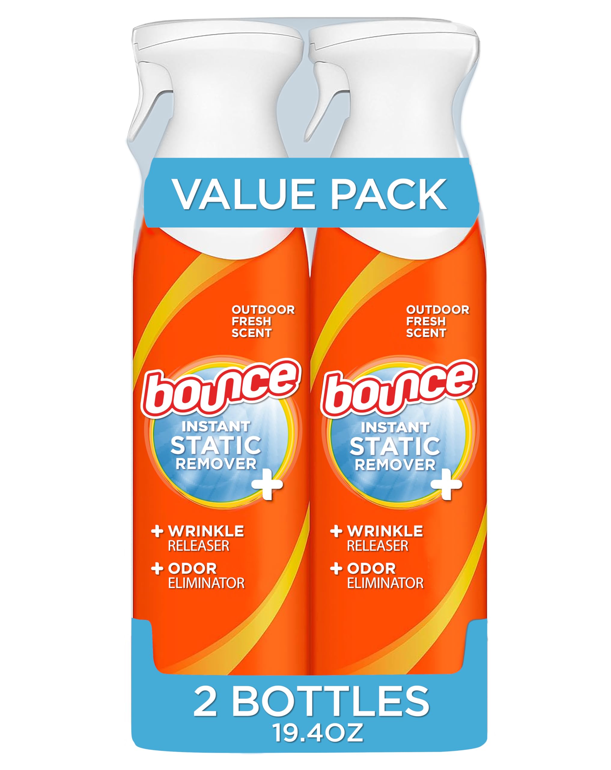 Bounce 3-in-1 Anti Static Spray & Wrinkle Release - Odor Eliminator, Fabric Refresher & Dewrinkle Spray for Clothes, Anti-Wrinkle Spray for Clothing, Travel Size Wrinkle Releaser, 9.7 Fl Oz, Pack of 2