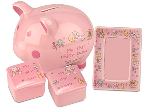 BRUBAKER My First Piggy Bank Gift Set for Baby Girl - 4 Pcs Keepsake Gift Set Includes Piggy Bank, First Curl, First Tooth and Photo Frame - Pink