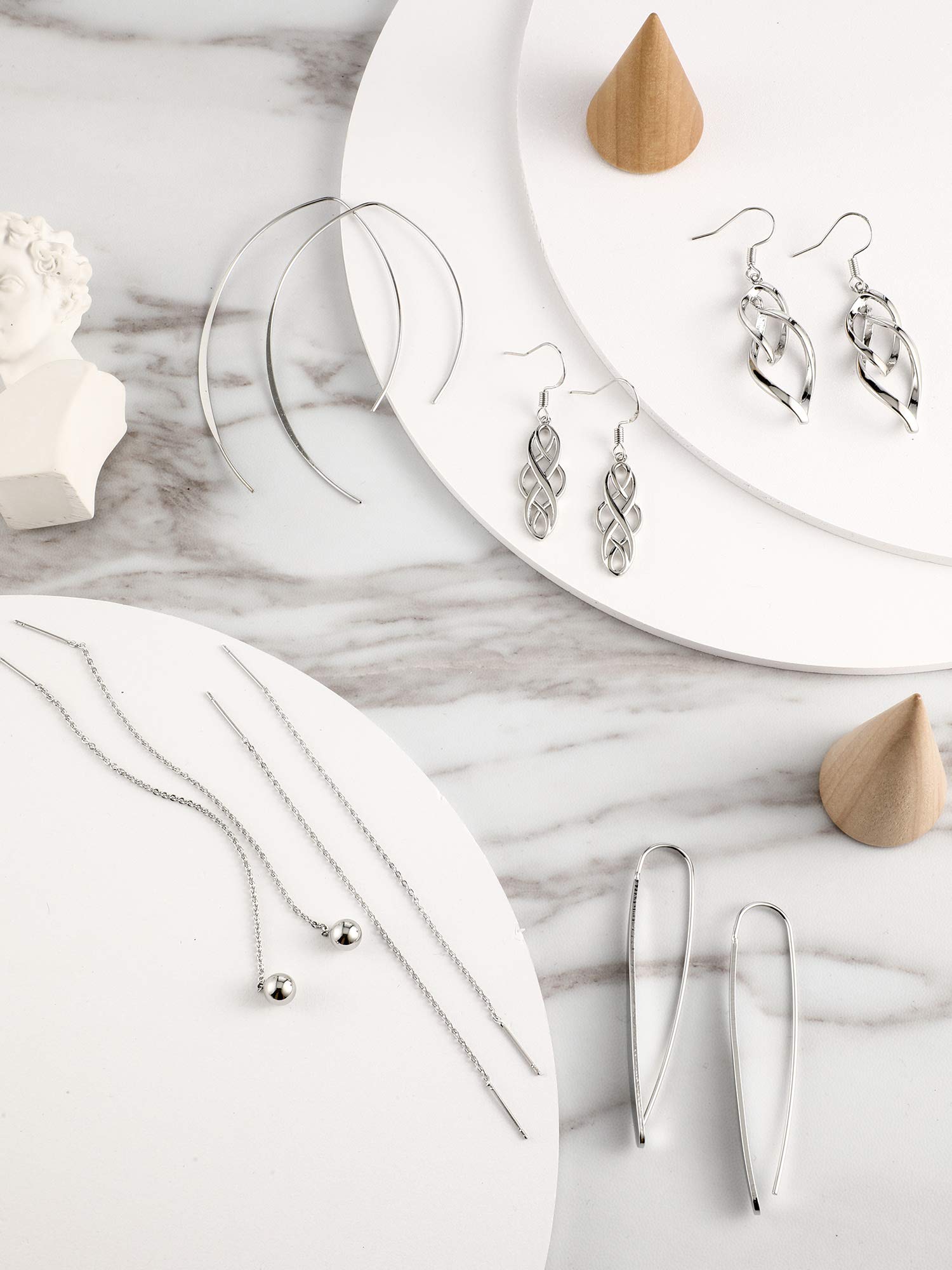 13 Pairs Metal Drop Dangle Earrings Set Curved Threader Dangle Earrings Double Twist Wave Long Bar Arrow Leaf Earrings (Silver)