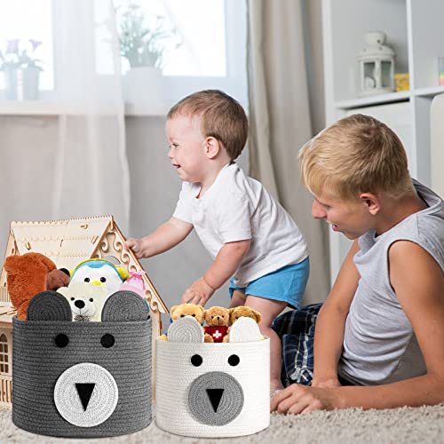 4 Pieces Cotton Rope Bear Animal Basket 2 Sizes Cute Bear Basket with Handles Cotton Rope Storage Basket Foldable Woven Storage Basket Baby Laundry Hamper Nursery Bins for Toys, Blanket, Clothes