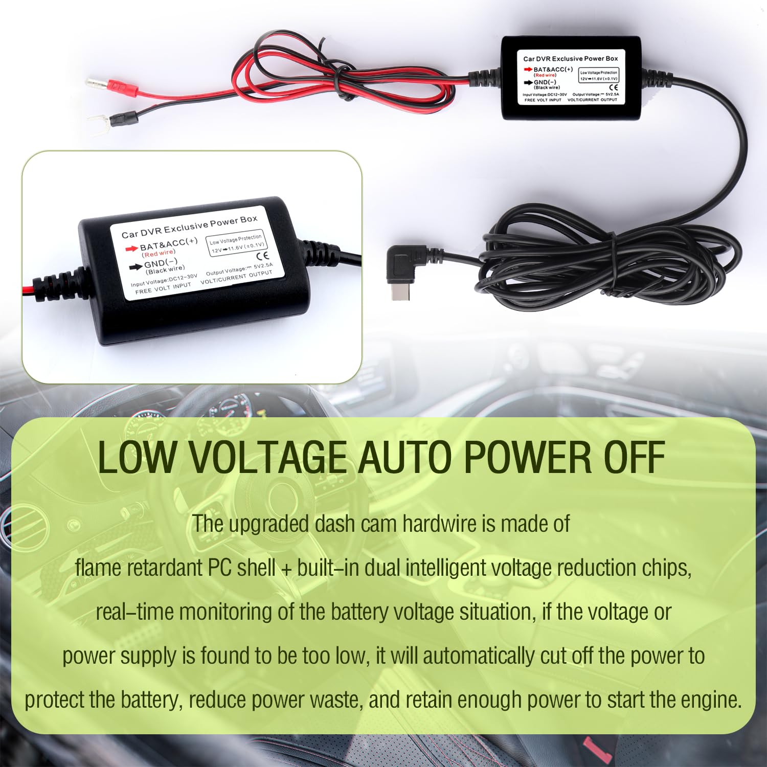 11Ft USB C Dash Cam Hardwire Kit - 12V-30V to 5V 2.5A Car Dash Camera Charger Power Supply+4pcs 16AMG Car Fuse Tap&4PCS 5A Blade Fuse for Car Dash Camera