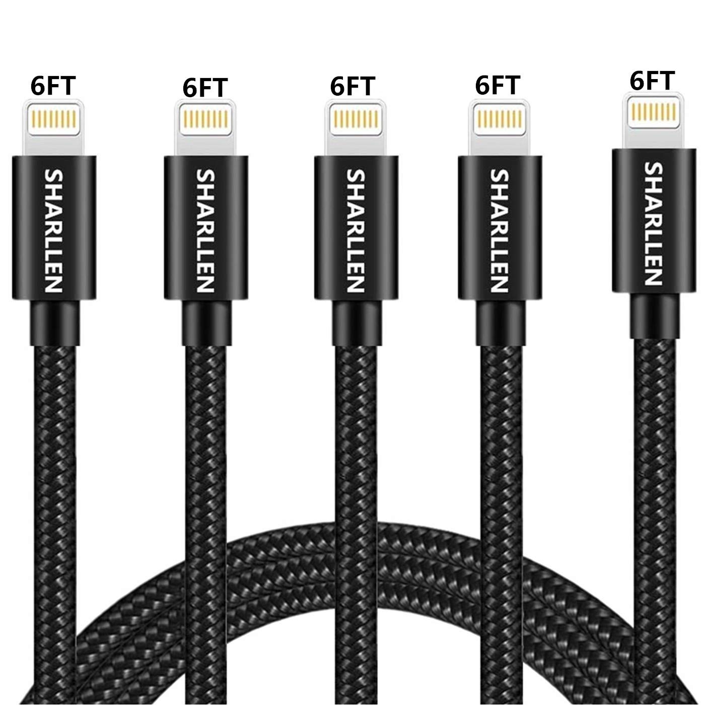 sharllen iPhone Cable MFi Certified Lightning Charger 5Pack 6FT Nylon Braided iPhone Charging Cord Fast W 6Feet USB 6Foot iPhone Data Wire Compatible iPhone12/11 Pro/XS/XR/X/8/7/6/iPad/iPod/IOS Black