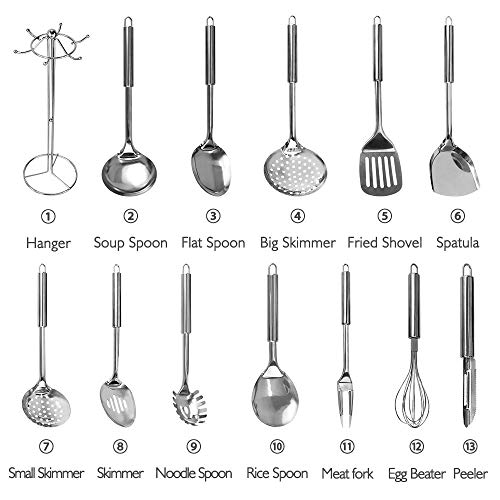 13 Pcs Stainless Steel Kitchen Utensils Spoon Skimmer Shovel Spatula Meat Fork Whisk Cooking Utensils Tableware