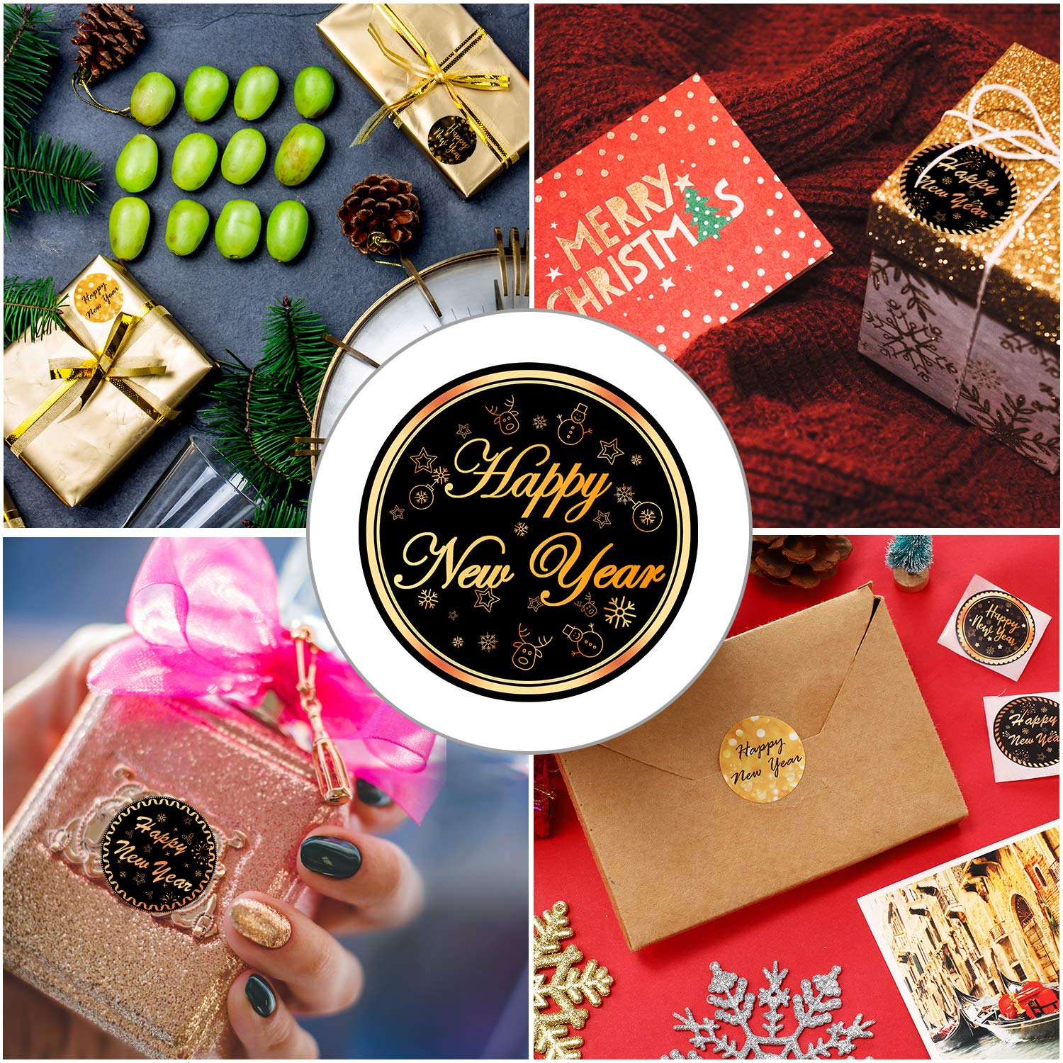 800 Pcs 2025 Happy New Year Stickers Round Black and Gold Stickers Bulk 1.38 Inch Snowflake New Year Labels Decorative Stickers for New Year Holiday Cards Envelopes Gift Boxes, 8 Designs