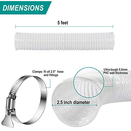 2.5 Inch x 5 Feet Dust Collection Hose - Flexible Clear PVC Contractor Grade Puncture Resistant Dust Debris Fume Hoses - Coated Wire Helix Reinforced - Includes Clamps
