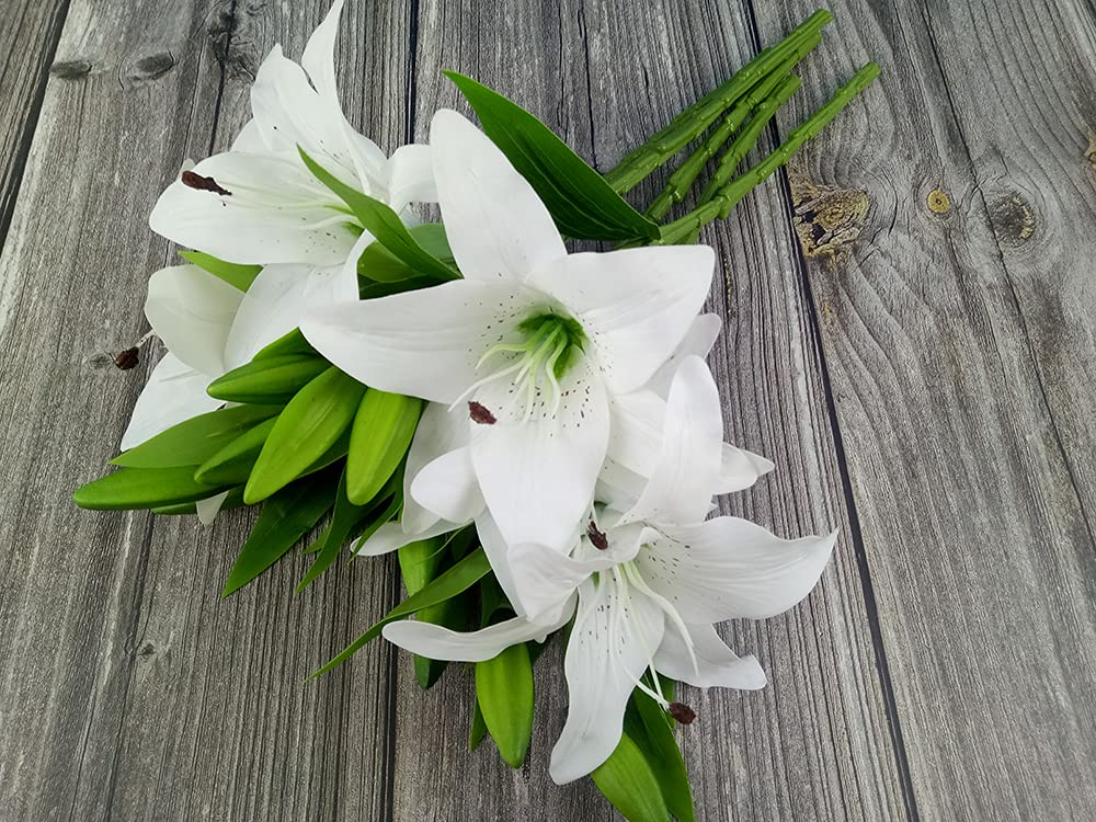 5 Bouquets Artificial Lily Flowers - Lily Fake Flower Suitable for Wedding Party Home Garden Dining Table Shop Decoration Photography Props (White)