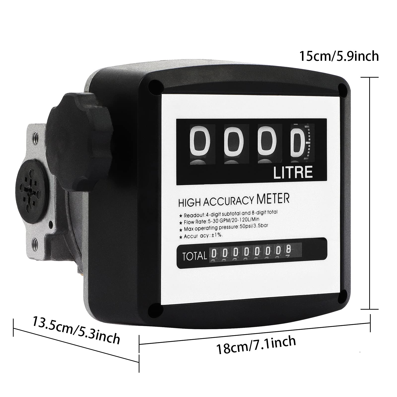 Fuel Flow Meter 1 Inch Gauge 3 Digital for Diesel Tank Transfer Pump Counter ±1% High Accuracy 32 GPM 142 PSI Gas Oil Flowmeters 20-120 LPM
