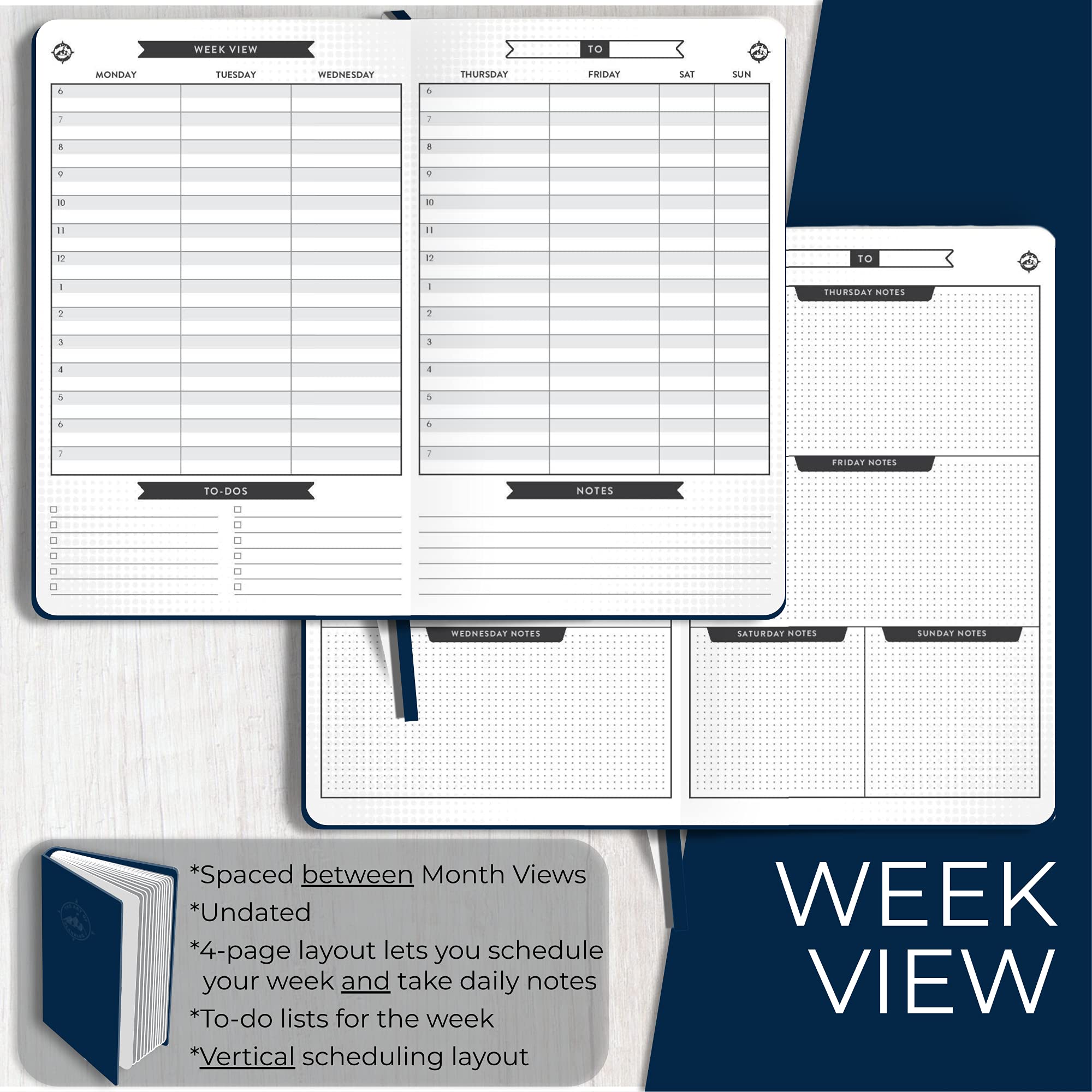 12 Month Planner with Time Slots | Undated Week and Month Spreads | 2021 and 2022 Calendars Included | A5 5"x8" Hardcover | Month Tabs | Dotted Notes