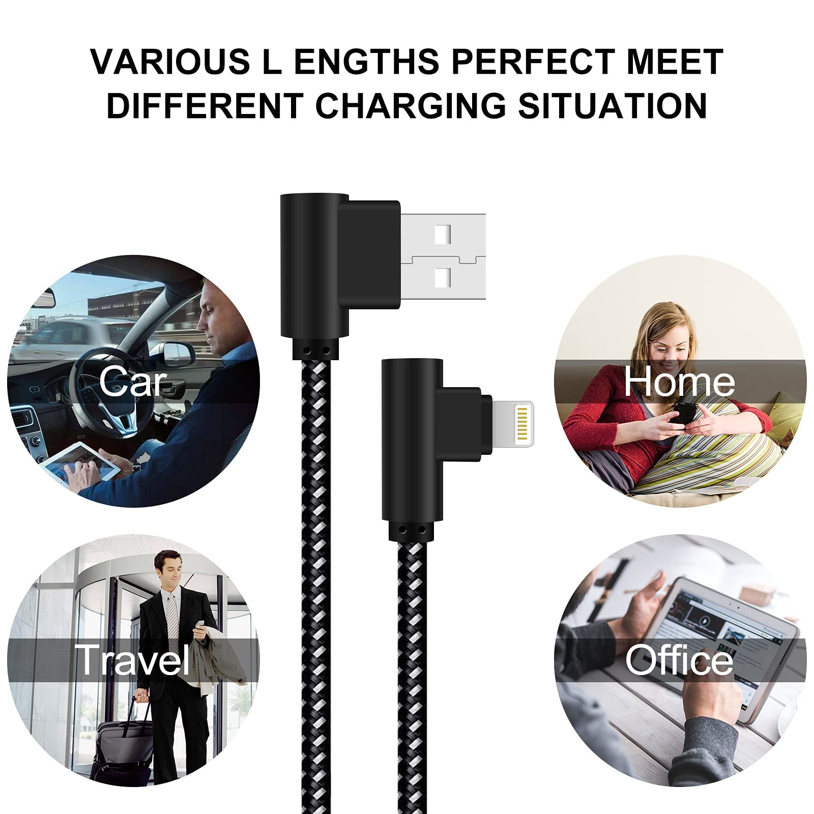 FOXSEA 3FT 90 Degree Lightning Cable MFi Certified Fast Charging Cord (Black&White) 3Pack