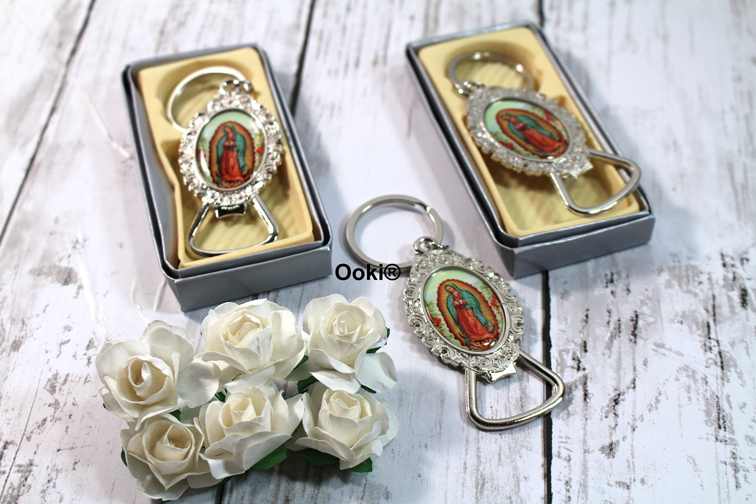 12 Our Lady Guadalupe Virgin Mary Elegant Lace Pattern Bottle Opener Keychain Party Favor Bautizo Recuerdos Quinceanera Communion Baptism Christening (Gold)