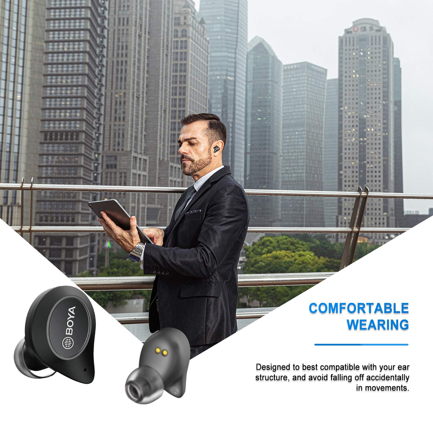 BOYA Wireless Bluetooth Earbuds Touch Control in-Ear Headphones IP44 Sweatproof Hi-Fi Stereo Earphones Dual Connect Headsets with Charging Case & Duration Playtime Built-in Mic for Phone Calls Music