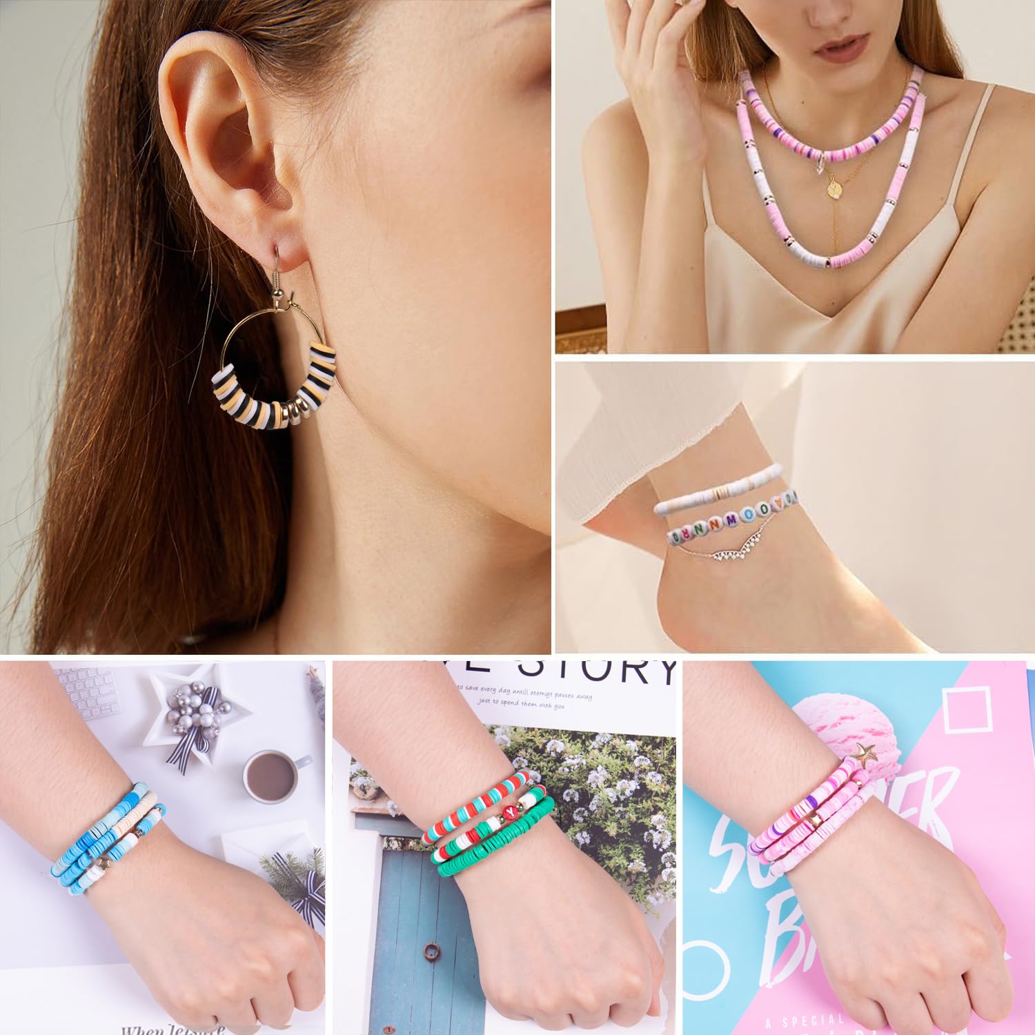 15130pcs Clay Beads for Bracelet Making Kit, 72 Colors Polymer Flat Heishi Beads for Jewelry Making with Charms, Friendship Bracelet Kit with Letter Beads for Adults, 4 Boxes