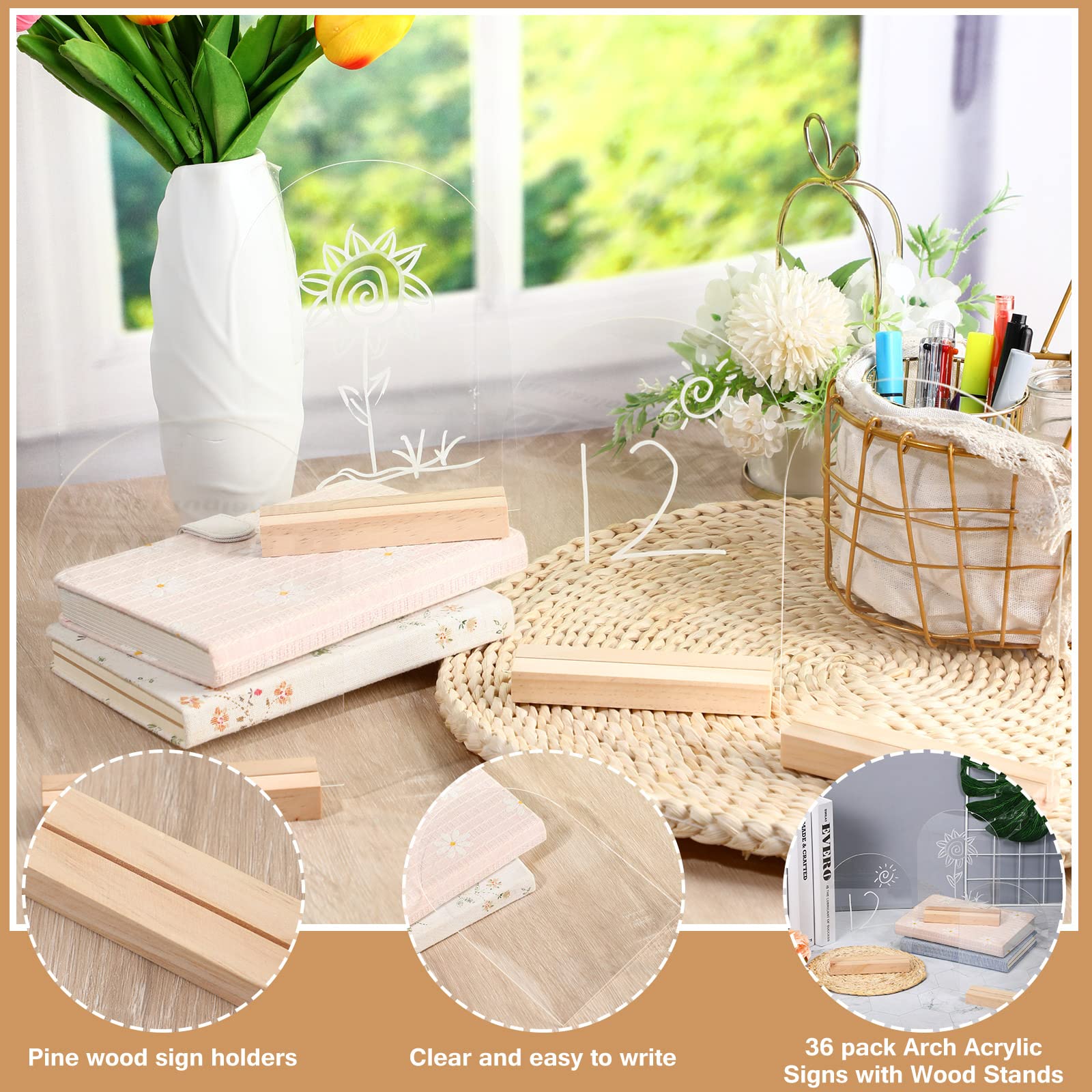 36 Packs 5 x 7 Inch Arch Acrylic Signs with Stand Clear Acrylic Sheets with Pine Wood Sign Holders Round Top Blank Acrylic Table Signs with Base for Wedding Party Events DIY Crafts Decorations