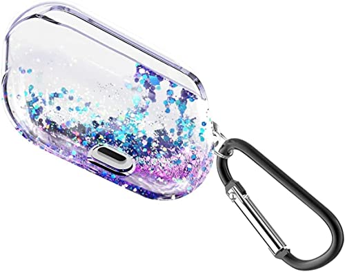 NZND Case Compatiable with Apple Airpods Pro (2019 Released), Glitter Liquid Sparkle Flowing Floating Durable Girls Women Kids Cute Clear Hard Cover Carrying Case -Purple/Blue