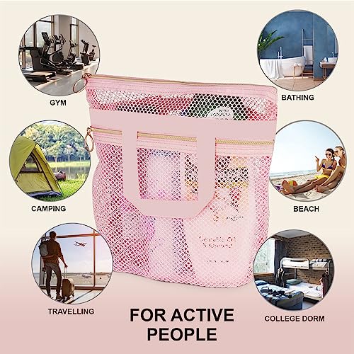2 PCS Mesh Quick Dry Shower Caddy Bag, 10.2x9.9''Portable Shower Hanging Toiletry With Zipper, Shower Tote Bag For College Dorm Essentials, Shower Caddy Dorm For Travel Camp Gym Swim (Pink)