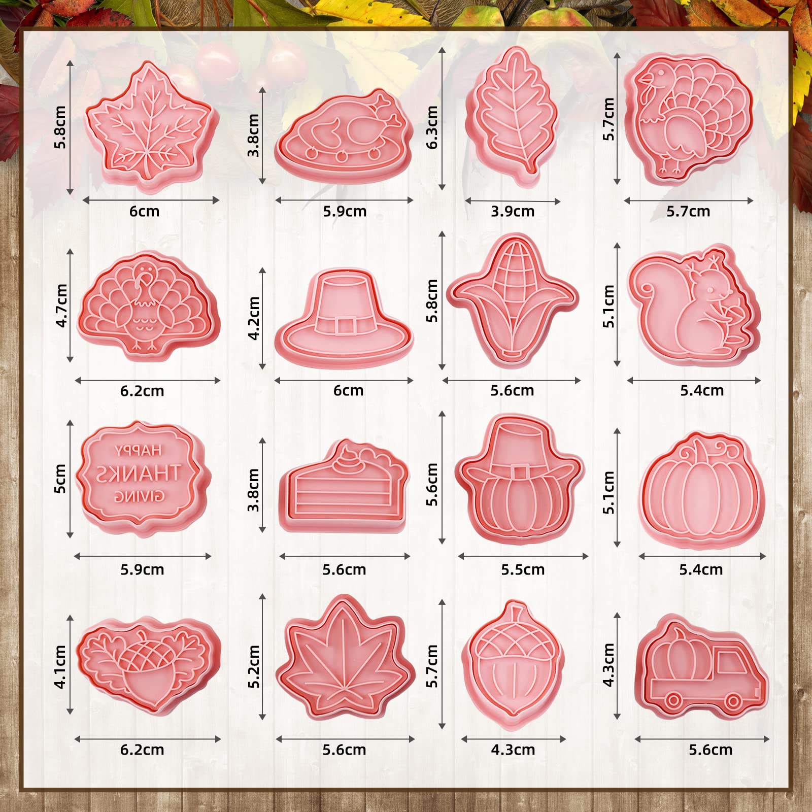 16 Pieces Fall Thanksgiving Cookie Cutters with Plunger Stamps Set Fall Biscuit Mold Maple Leaf Turkey Pumpkin 3D Cookie Stamper Plastic DIY Cookie Tools for Thanksgiving Day Baking Fondant Supplies