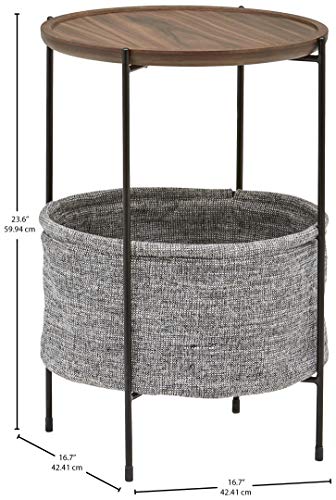 Amazon Brand β Rivet Meeks Round Side Table with Fabric Storage Basket, 24"H, Walnut and Grey