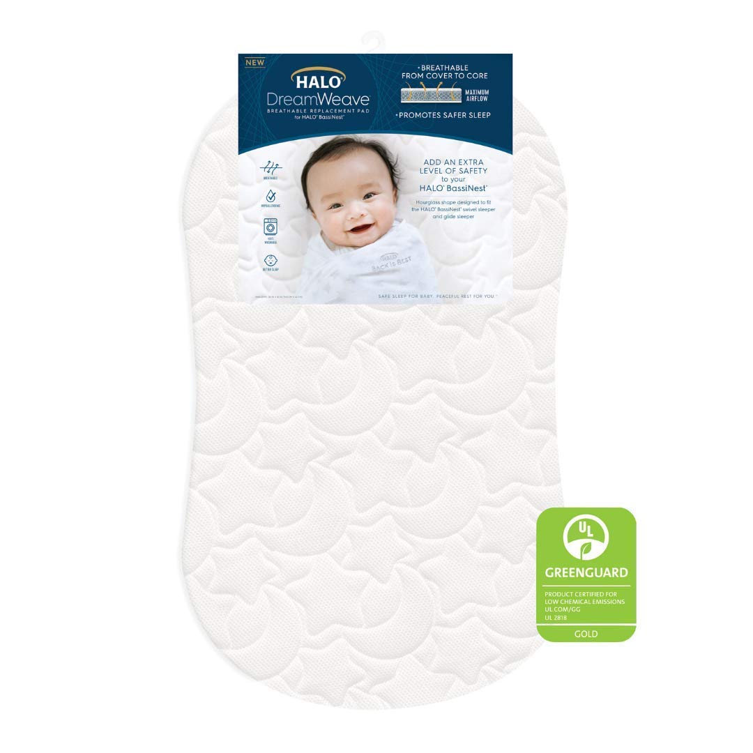 HALO DreamWeave Breathable Mesh BassiNest Mattress Replacement Pad and HALO BassiNest Fitted Sheet Pebble, Bundle