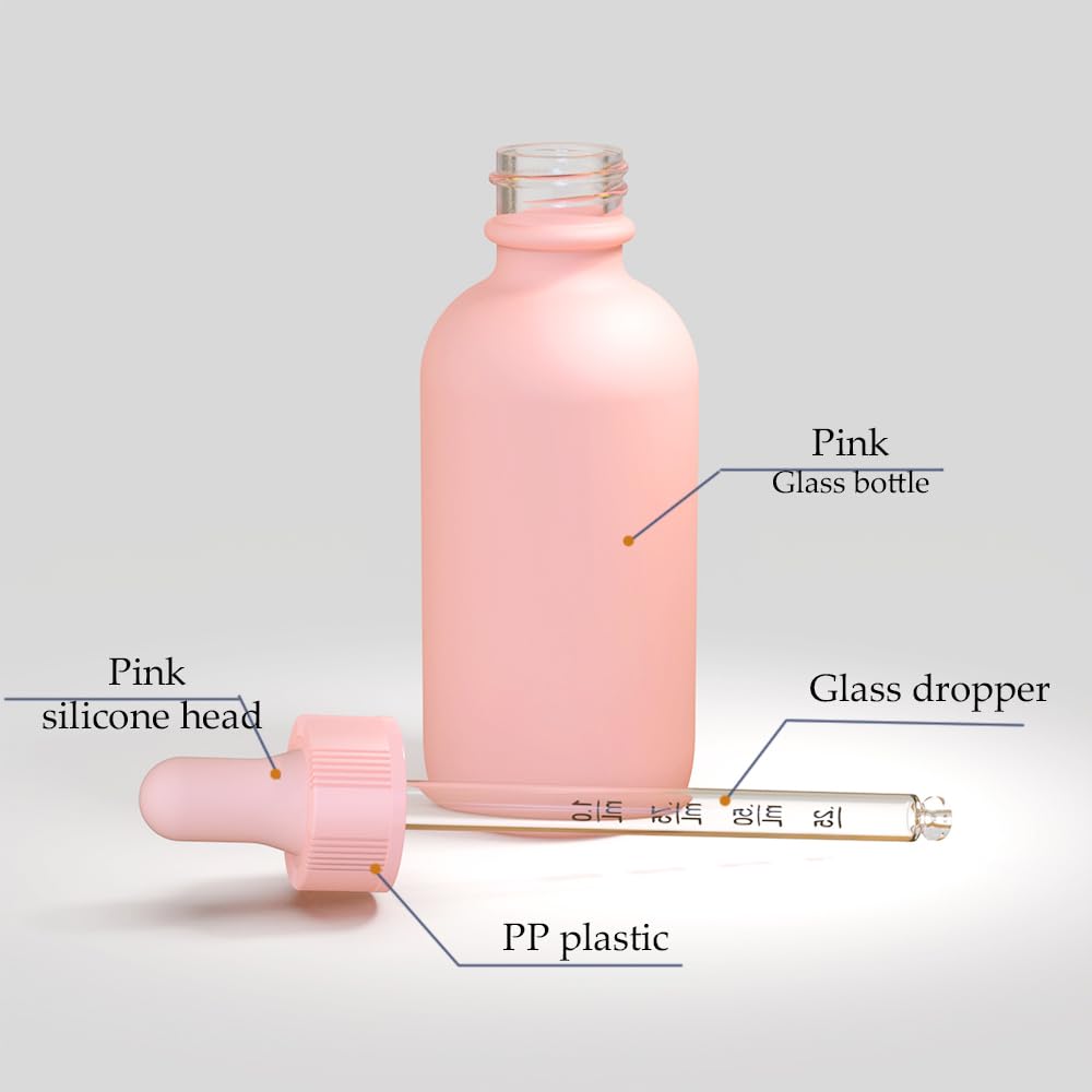 seafulee 2 oz Pink Coated Glass Dropper Bottles (60ML) with Glass Eye Dropper, UV Safe Bottles for Essential Oils and Aromatherapy (Pack of 12)