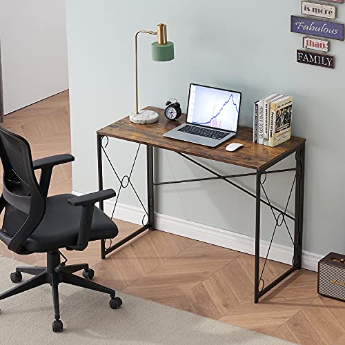 VECELO 39" Writing Computer Folding Desk Sturdy Steel Laptop Table for Home Office Work, No Assembly Required,Antique Brown
