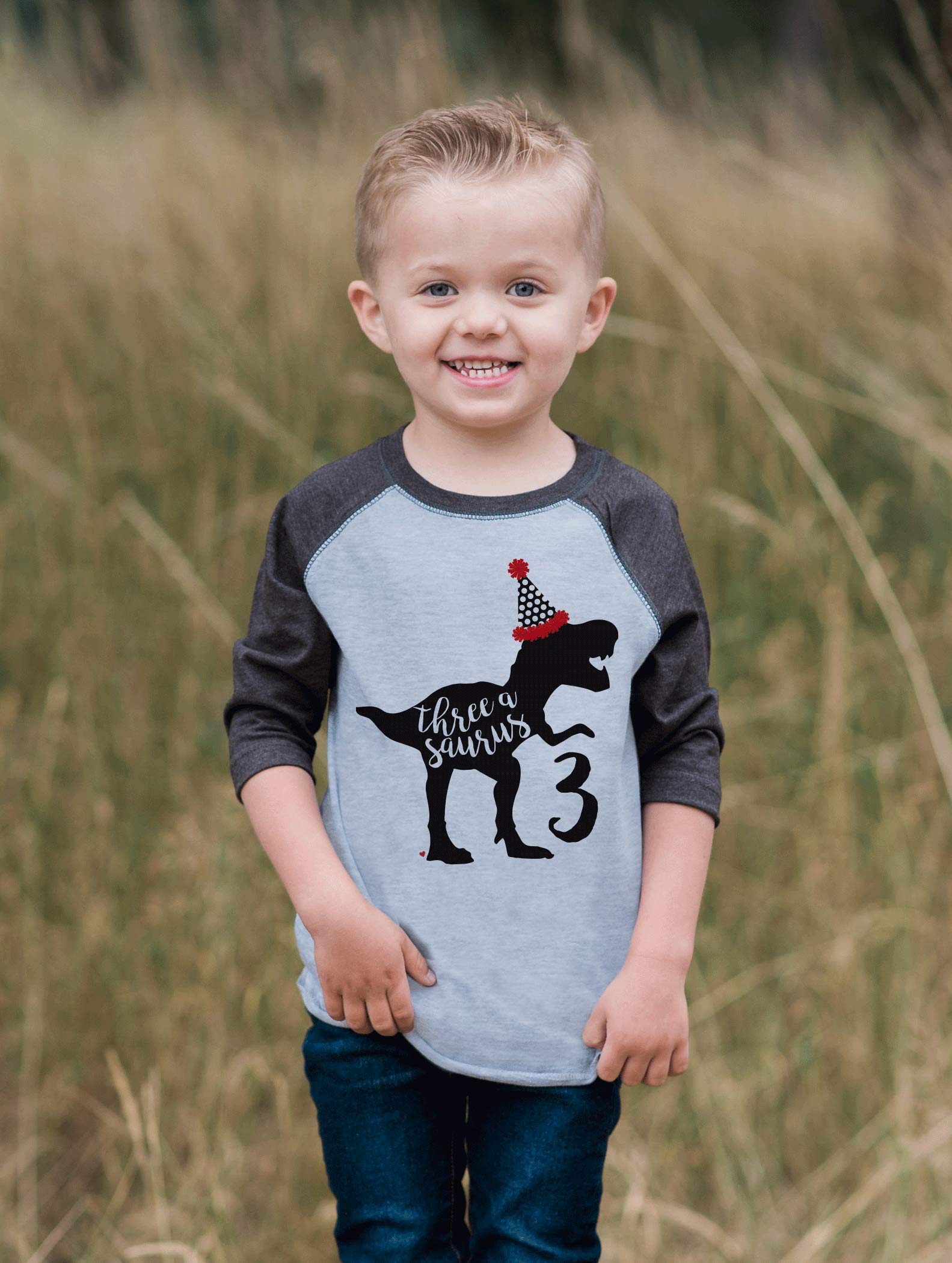7 ate 9 Apparel Three 3rd Third 3 Birthday Dino Dinosaur Grey Baseball Shirt 3T