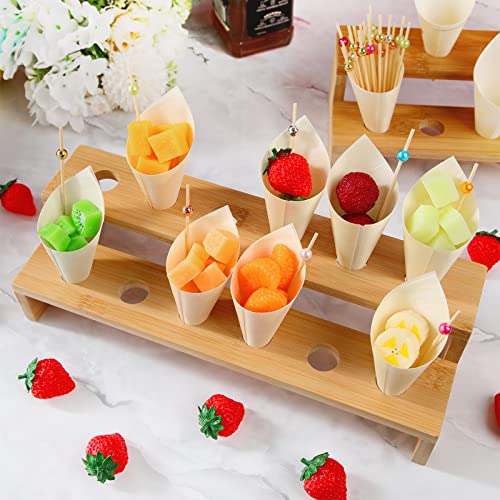 150 Disposable Wooden Cones with 2 Pack 12 Holes Ice Cream Cone Display Stand Charcuterie Cones Holder Stand 150 Fancy Toothpicks for Appetizers Wedding Decoration(Brown)