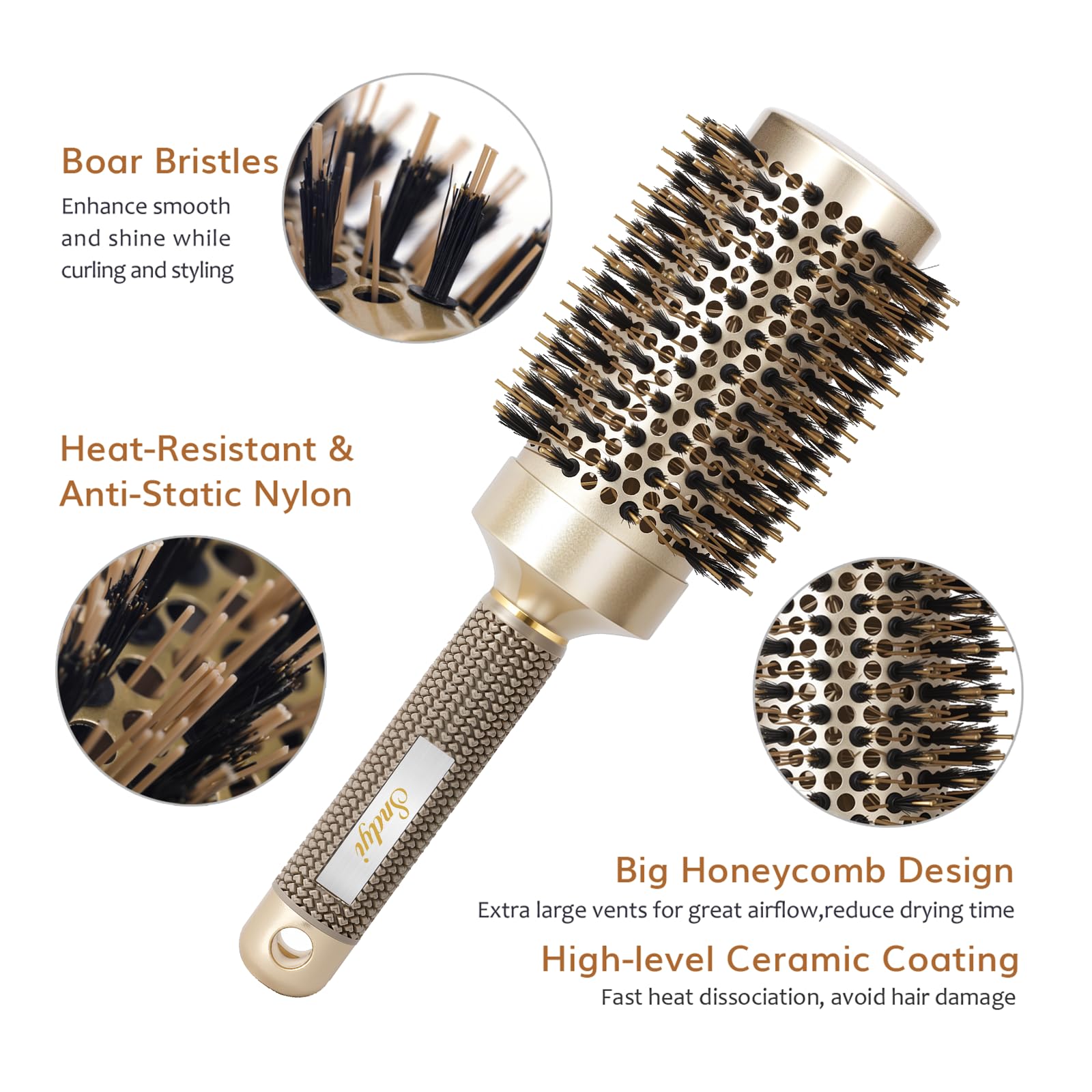 Round Brush for Blow Drying, Nano Thermal Ceramic & Ionic Tech Hair Brush with Boar Bristles, Professional Round Barrel Brush for Styling, Curling & Straightening by Sndyi (3.3 Inch, Barrel 2.1 Inch)