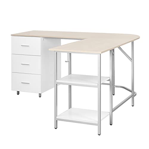 Techni Mobili L Shaped Desk - Two-Toned Computer Desk with Drawers & Storage Shelves - Simple Modern Furniture & Home Office Space Corner Table for Work & Writing