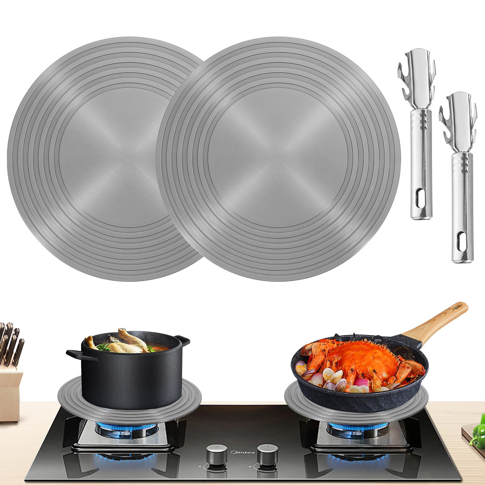 2 Pack Gas Stove Heat Diffuser Plate, Round Fast Defrosting Tray Aluminum Non-Stick Coating Cookware Simmering Thawing Plate Conduction Multifunctional, Flame Guard Protection Stovetop (9.3'' & 11'')
