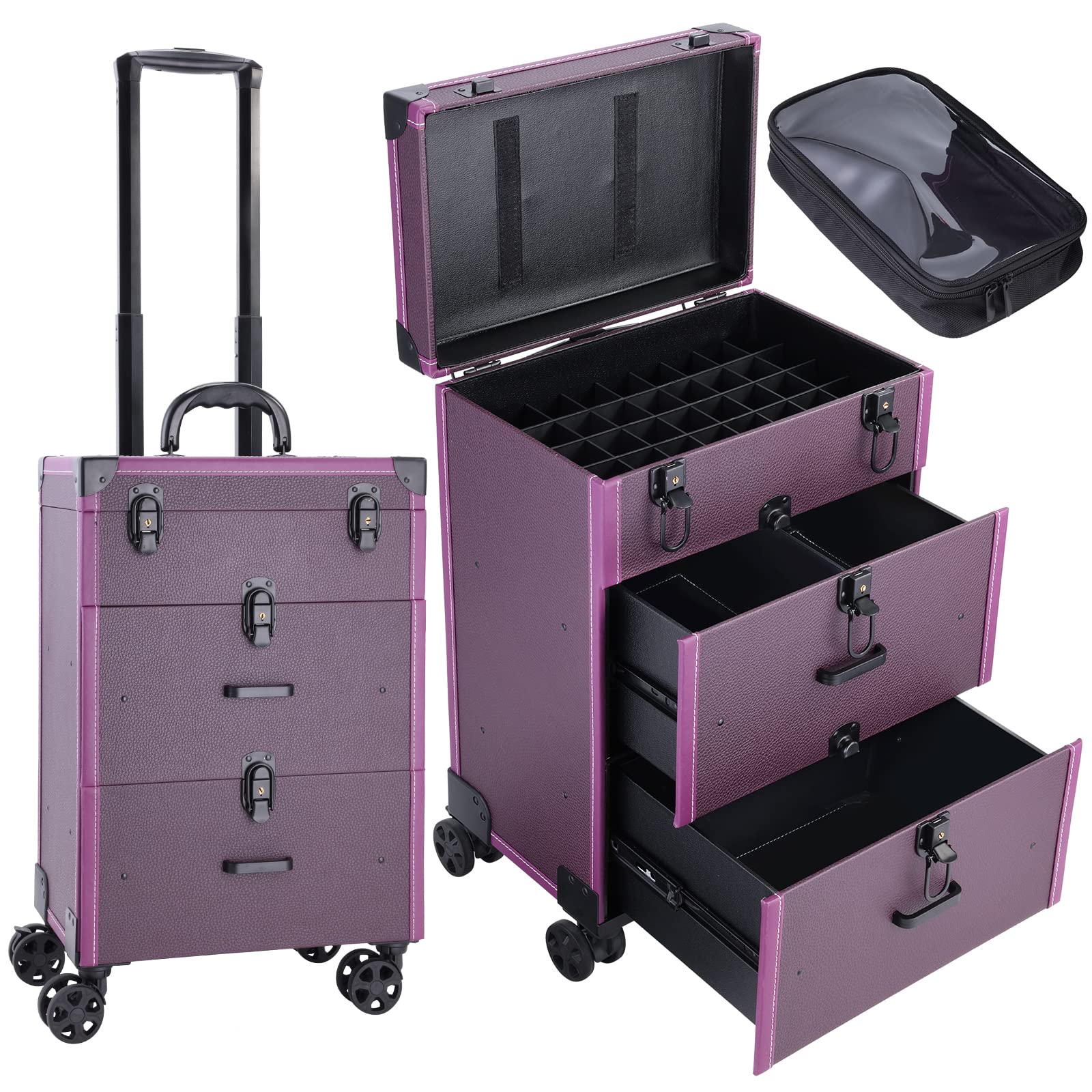 FRENESSA Rolling Nail Case Wheeled Manicure Storage Case Polish Organizer Professional Makeup Trolley for Studio or Travelling Nail Technician Artists Cosmetologist Stylist - Purple Vegan Leather