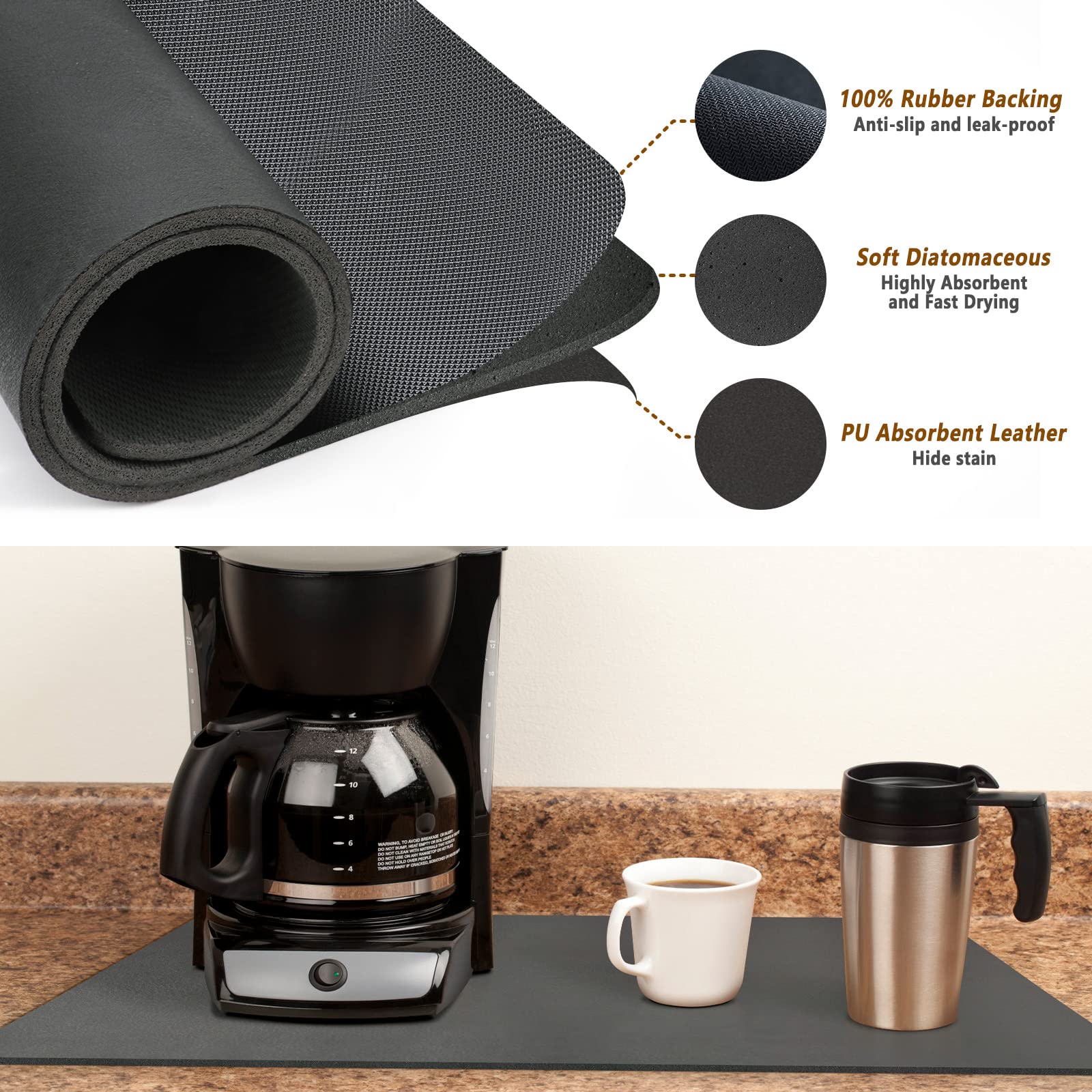 12" X 19" Coffee Mat for Countertops : Super Absorbent Versatile Coffee Bar Accessories for Coffee Makers, Espresso Machines, and Dish Drying, Black