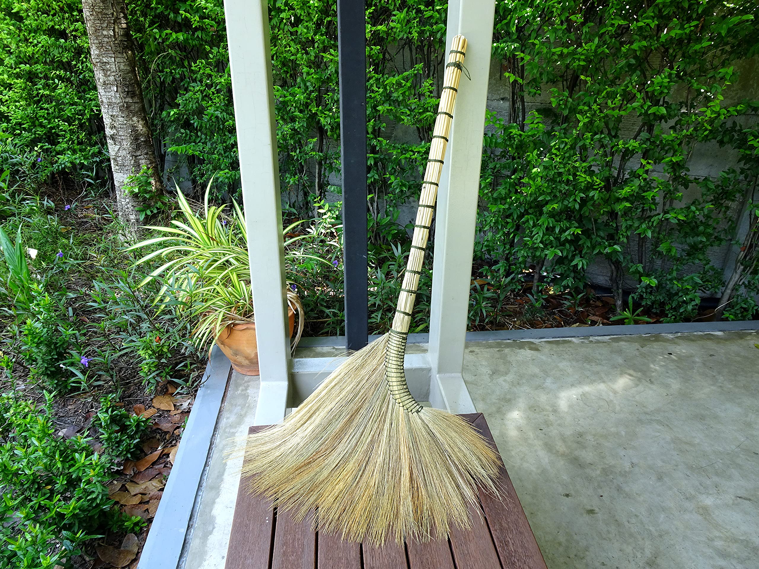 Handmade Asian Thai Broom Thick Natural Grass Brush & Handle Broomstick in Vintage Viet Whisk Straw Design