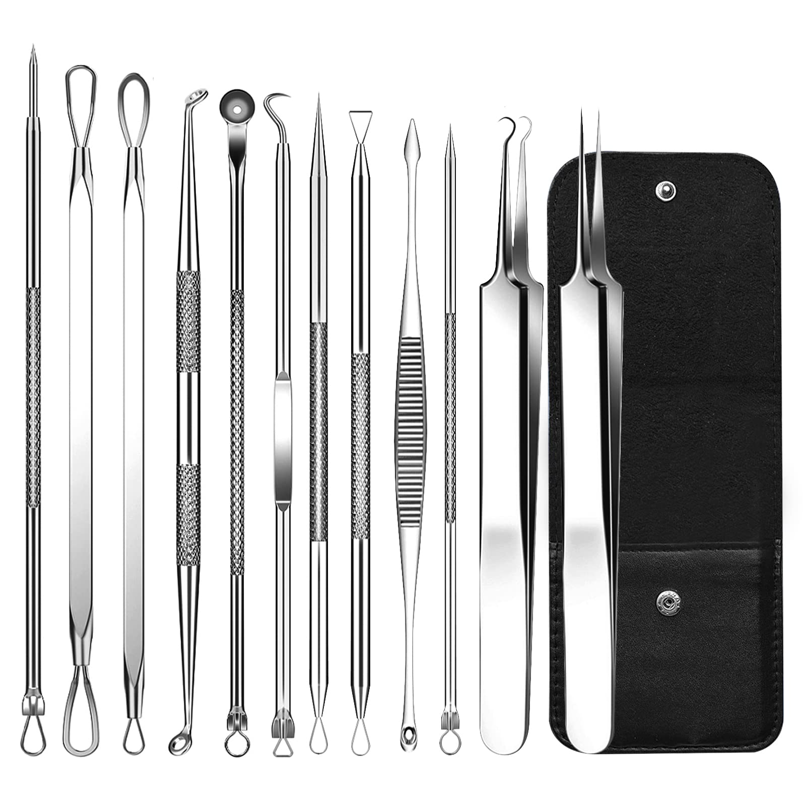 12pcs Blackhead Remover Tools Sets,Double-Head Blackhead Remover Tools,Comedone Pimple Extractor Tool Acne Kit for Blackhead,Professional Stainless Blackhead Extractor Removal Tool with a Leather Bag