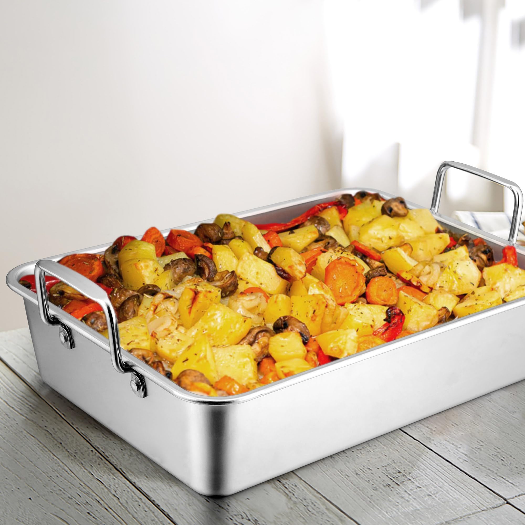 LIANYU Roasting Pan, 14 Inch Turkey Roaster Pan with 2 Racks, Heavy Duty Stainless Steel Lasagna, Pan, Deep Broiling Pan for Turkey, Chicken, Dishwasher Safe