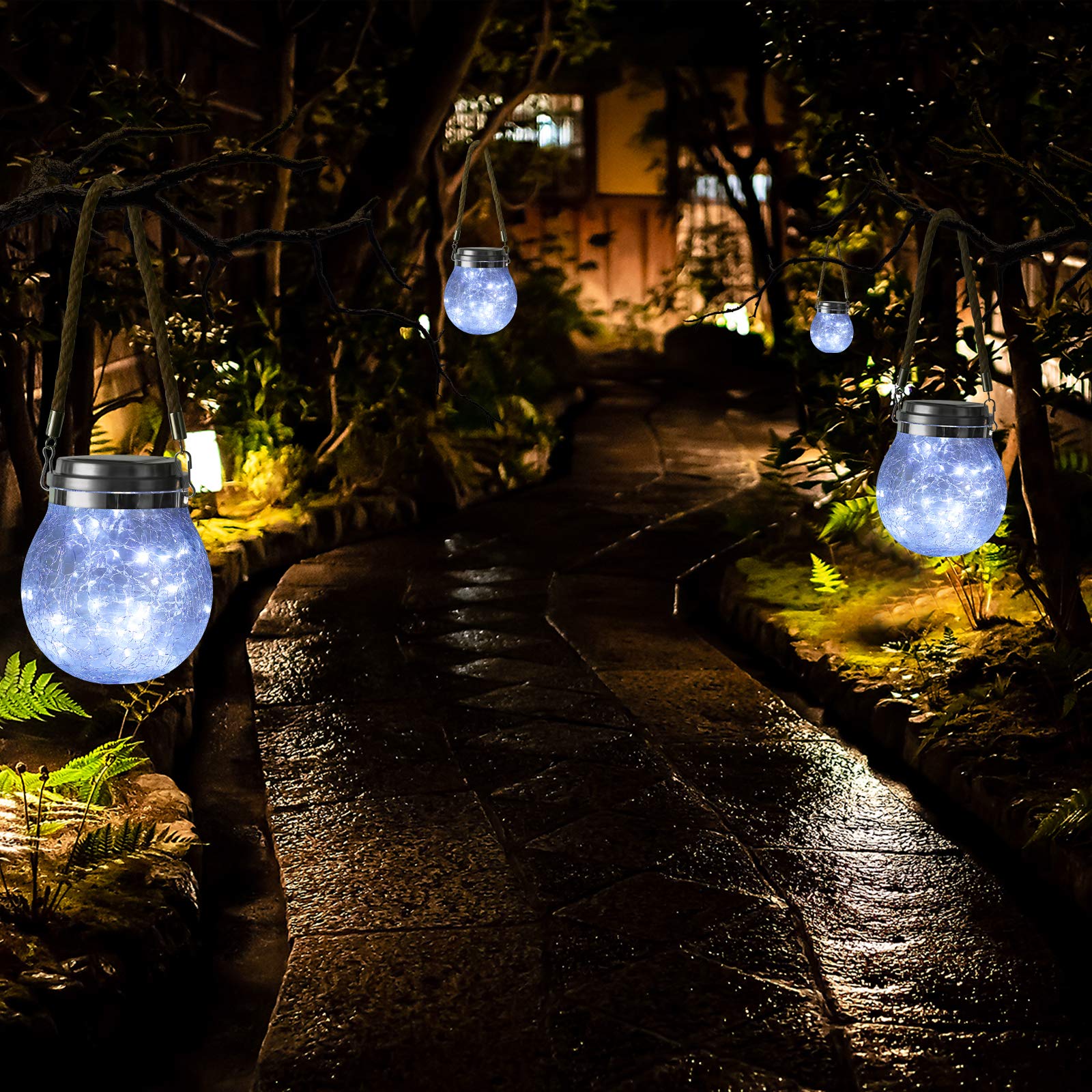 2 Pack Hanging Outdoor Solar Lights, 30 LED Outdoor Decorative Crackle Mason Jar Glass Lamp, Waterproof Solar Lanterns with Handle for Garden, Yard, Porch, Tree, Tabletop Decorations (White)