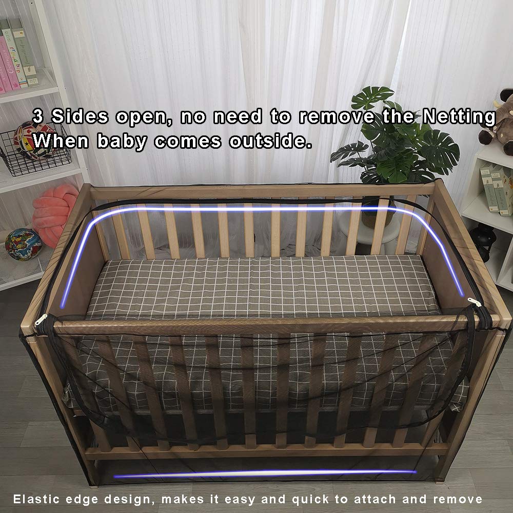 Crib net Crib Tent with Sewn in Storage Pouch, Baby Mosquito net for Crib, Pack N Play, Playpen/Stroller, 3 Sides Zipper Opening, 2 Luminous Zipper Head, Elastic Edges, Easy Attach and Remove, Black
