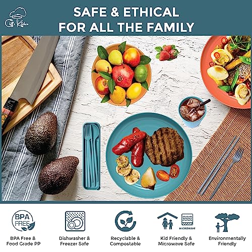 48 Pcs Wheat Straw Dinnerware Sets for 6- Unbreakable Dinnerware Set with Large Plates, Bowl and Cup Set -BPA Free, Lightweight, Microwave Safe Wheat Straw Plates and Bowls Sets, RV Camping Dishes Set