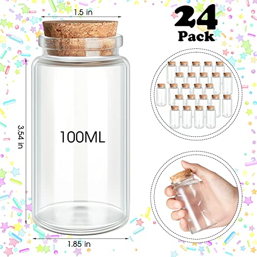 24 Pack Small Glass Cork Bottles, 100 ml/ 3.4 oz, Small Glass Jars Spell Jars Clear Potion Bottles Mini Glass Bottles with Cork Bottle Bright DIY Sand Water Message Decorative Jar Party Favors