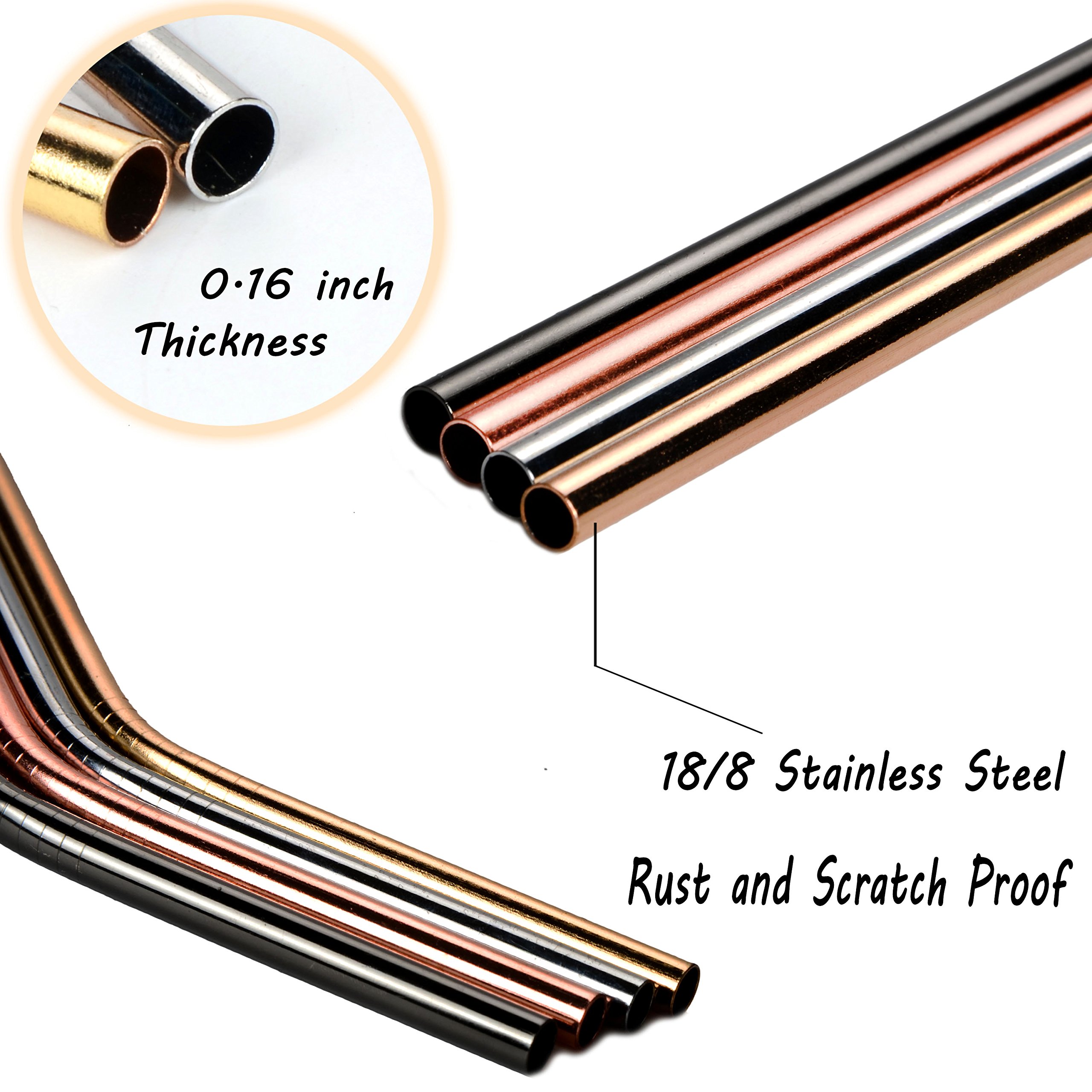 12+2 Pcs Reusable Stainless Steel Straws, Metal Straws, 4 Colors Gold, Silver, Rose Gold & Black - 20 oz and 30 oz Tumblers Straws (Bent)