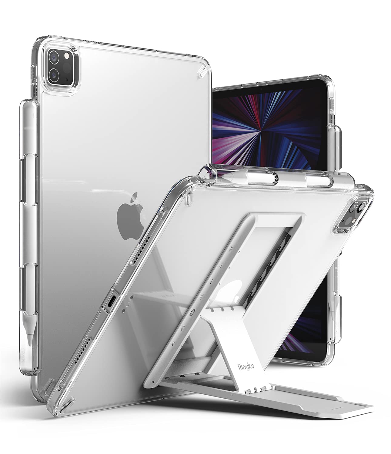Ringke Fusion with Outstanding [Case + Stand] Compatible with iPad Pro 11 Inch Case (4th 2022, 3rd 2021, 2nd 2020, 1st 2018) Transparent Cover with Pencil Holder + Kickstand - Clear & Light Gray
