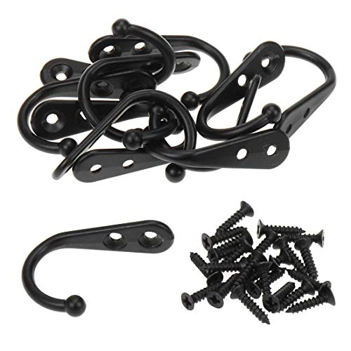 Bitray Wall Mounted Robe Hook Single Coat Hanger, 12PCS Two Hole Coat Hooks Zinc Alloy Antique Hook Single Hook with Screws (1.73" x 1.18", Black)