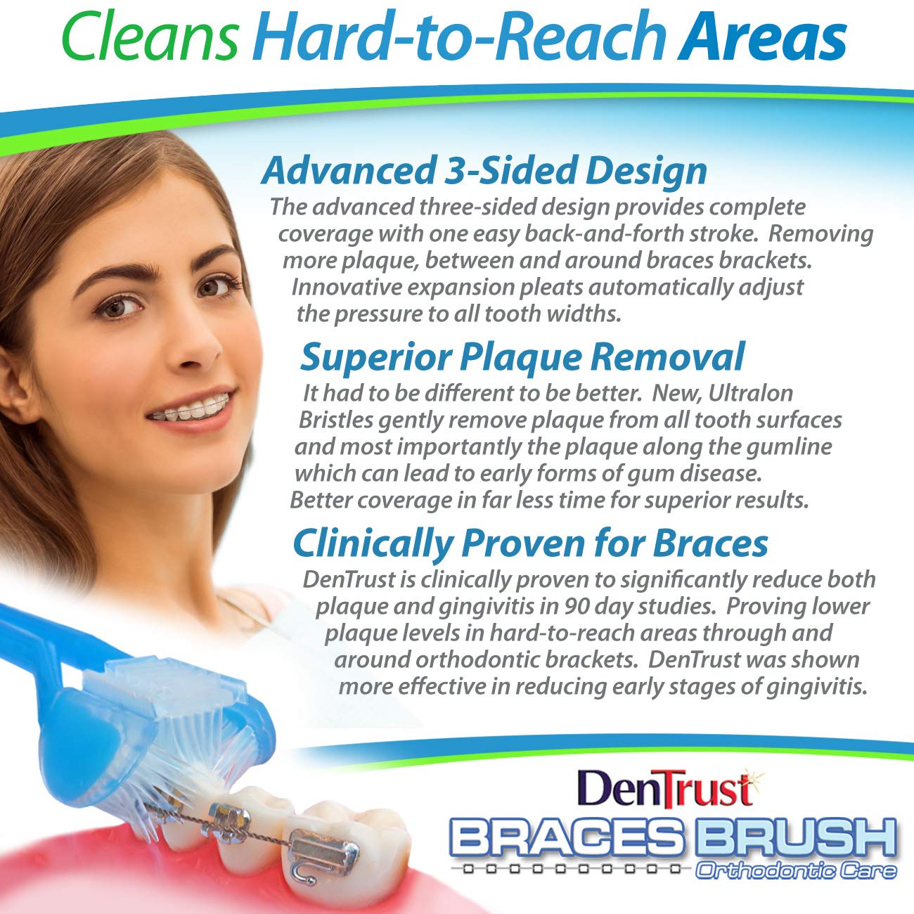 DenTrust | Braces Brush 3-Sided Toothbrush | Cleans Better Around Orthodontic Brackets | Fun & Easy to Use for All Kids | Tongue Cleaner for Fresh Breath | Made in USA